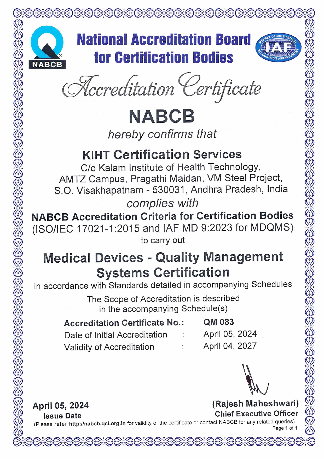 KCS Accredited by NABCB for ISO 17021-1:2015 | IAF MD 9
